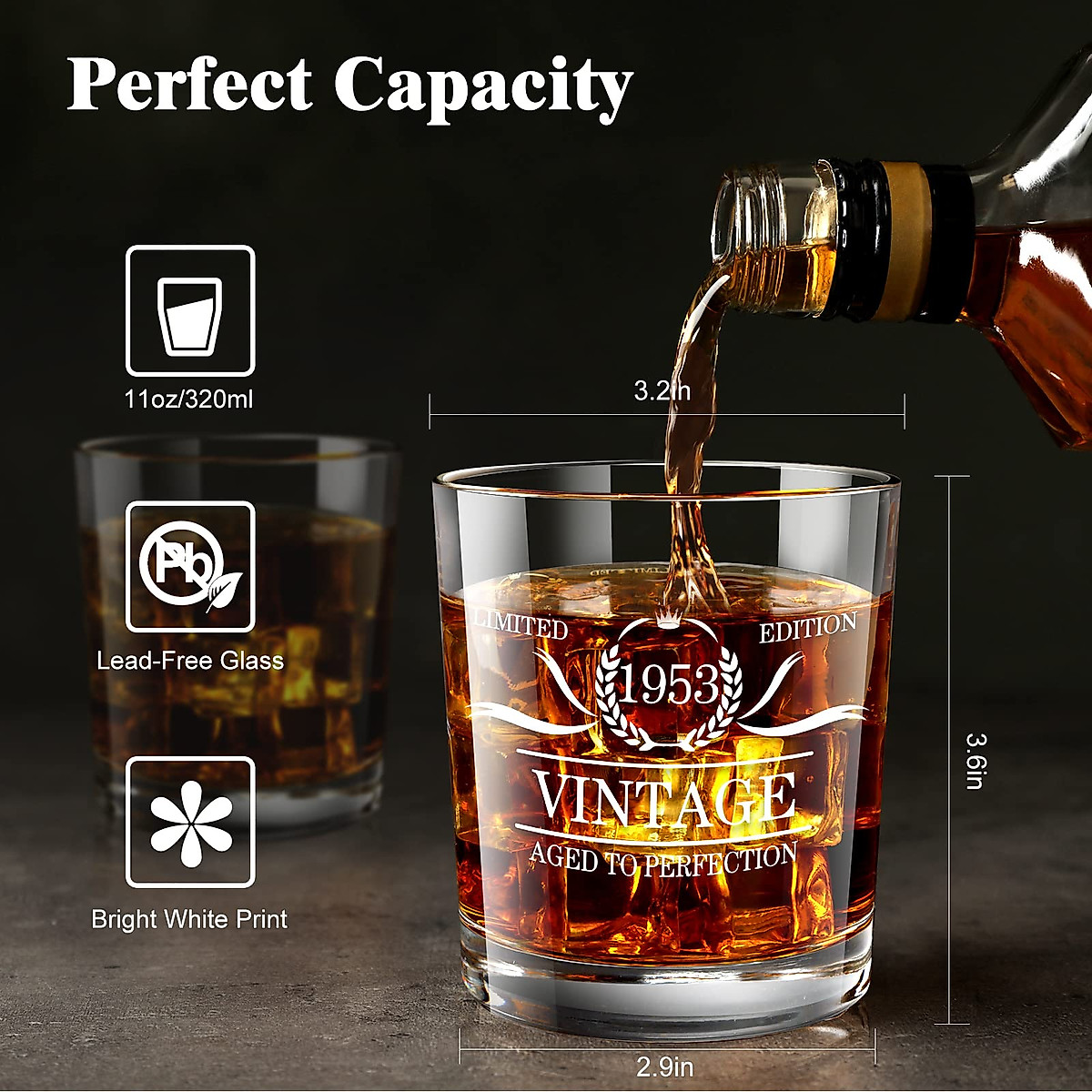 BEYOND MS 70th Birthday Gifts for Men - 70th Birthday Decorations for Men - 1953 Whiskey Glass in Valued Wooden Box - Anniversary Ideas for Him, Dad, Husband, Friends - 12oz Whiskey Glass