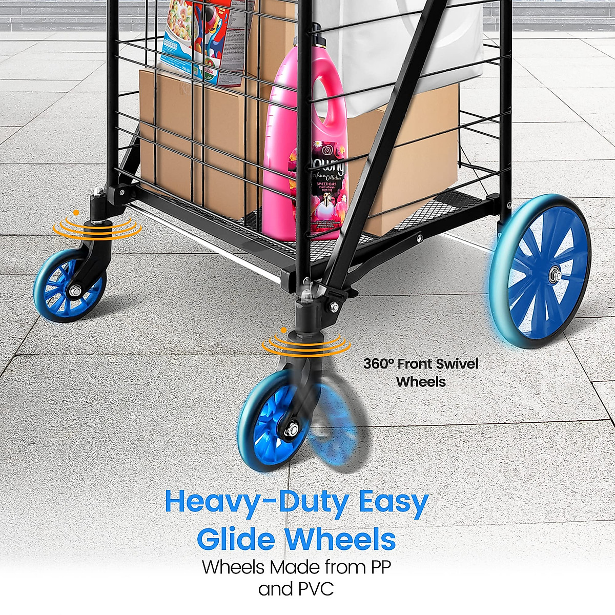 SereneLife Shopping Supermarket Cart with 360 Rolling Swivel Wheels, Collapsible Design, Double Basket Compartment, Heavy Duty Shopping Cart, Utility Cart for Grocery, Laundry, Luggage, Blue: