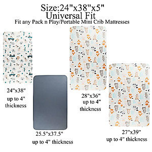 Tontukatu Pack n Play Sheet Stretchy Fitted Portable Mini Crib Sheets Set 3 Pack,Playard Sheets Convertible Playard Mattress Cover,Ultra Soft Jersey Material,Elephant Tiger,Fox & Grey