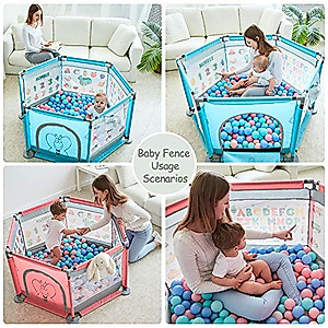 WAOWAO Baby Playpen Portable Large Playard Indoor & Outdoor Kids Activity Center with Sturdy Safety Play Yard with Mesh and Learning Pattern,Kid's Fence for Infants Toddlers (Blue, 47.24"(with mat))