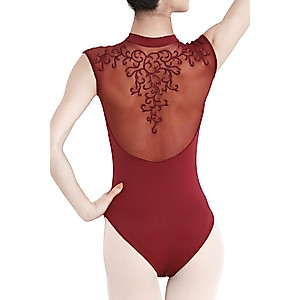 Dance Elite - Allure - Embroidered Floral Back Panel Leotard for Women Dance (Wine Cap Sleeves, Adult M)