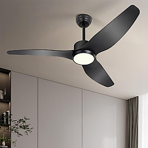REVOICI Black Ceiling Fan with Light Remote 52in 6Speed Silent Reversible Motor 3CCT Dimmable LED Adjustable Height Timer Memory Function Modern ABS Blades Vacation Mode flush Mount Indoor Outdoor Use