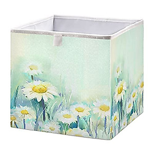 Kigai Oil Painting Daisy Cube Storage Bin, 11x11x11 in Collapsible Fabric Storage Cubes Organizer Portable Storage Baskets for Shelves, Closets, Laundry, Nursery, Home Decor