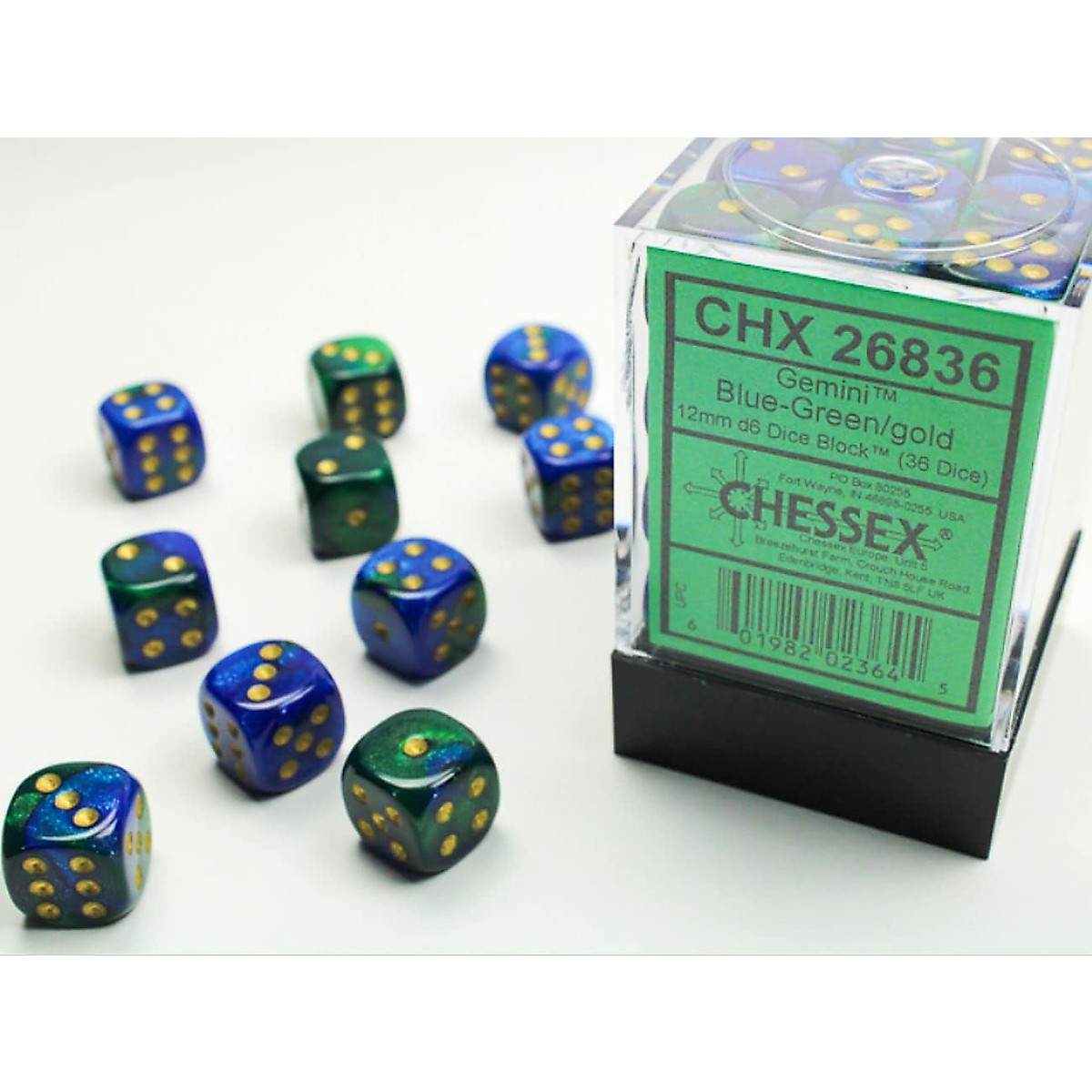 Chessex Dice d6 Sets: Gemini Blue & Green with Gold - 12mm Six Sided Die (36) Block of Dice