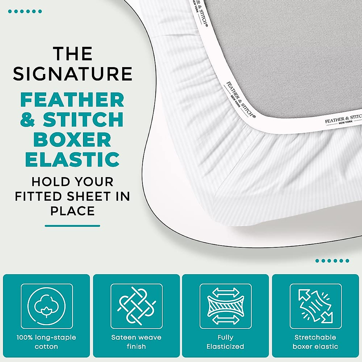 Feather & Stitch 100% Cotton 1 Piece Damask Stripe King Fitted Sheet 500 Thread Count White Luxury Sateen Weave with 2 Extra Pillow Cases