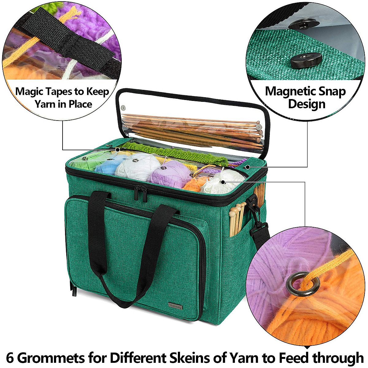 Teamoy Knitting Bag, Yarn Tote Organizer with Inner Divider (Sewn to Bottom) for Crochet Hooks, Knitting Needles(Up to 14”), Project and Supplies -No Accessories Included, Green