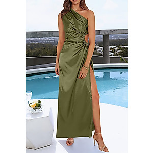 PRETTYGARDEN Women's 2024 Summer One Shoulder Satin Dress Cutout High Split Cocktail Wedding Guest Maxi Dresses (Dark Army Green,XX-Large)
