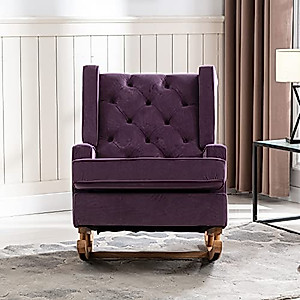 SSLine Upholstered Solid Wood Rocking Chair,Mid-Century Comfortable Relax Nursery Rocking Chairs Lounge Chair for Living Room, Bedroom, Study Room, Office Accent Glider Rocker(Purple)