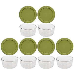 Pyrex (6 7202 Glass Bowls & (6) 7202-PC Olive Green Lids Made in the USA