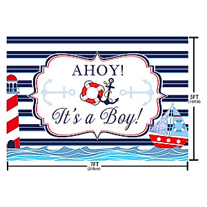 ABLIN 7x5ft Ahoy Nautical Boy Baby Shower Backdrop It's a Boy White Blue Stripes Marine Sea Lighthouse Ship Background Newborn Baby Gender Reveal Party Decor Banner Photo Booth Props