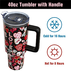 owbgsdh 40 oz Heart Tumblers with Handle and Straw, Heart 40oz Stainless Steel Vacuum Insulated Travel Coffee Mug Cup Water Bottle, Stuff Accessories Gifts for Women