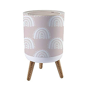 Small Trash Can with Lid Kids hand drawn seamless with pink pastel rainbows Summer for baby Garbage Bin Wood Waste Bin Press Cover Round Wastebasket for Bathroom Bedroom Diaper Office Kitchen