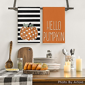 Artoid Mode Stripes Polka Dot Hello Pumpkin Fall Kitchen Towels Dish Towels, 18x26 Inch Farmhouse Maple Leaves Decoration Hand Towels Set of 4