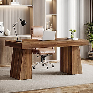 Tribesigns 55 Inches Executive Desk, Mid-Century Modern Home Office Desk with Double Trapezoid Base, Wood Computer Desk Business Workstation Desk Small Conference Table, Brown