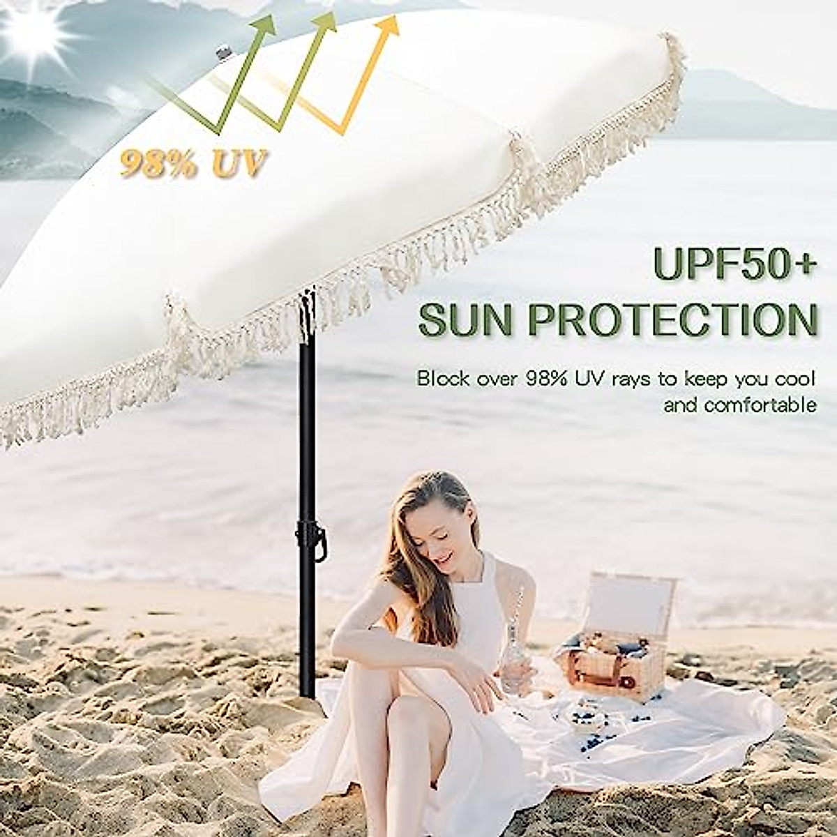 FULLSUN PARASOL Patio Umbrellas with Fringe, 6.5ft Beach Umbrella Outdoor Heavy Duty Wind Portable, UV 50+ Boho Parasol with Sand Anchor & Carry Bag for Garden Pool Backyard