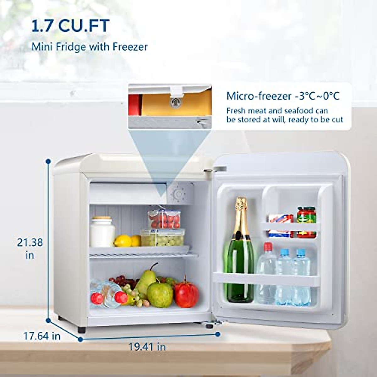 R.W.FLAME 1.7 Cu. Ft Mini Fridge with Freezer, Low Noise, 48L compact refrigerator, Mini Fridge for Bedroom, Office, Dorm, RV, (White)