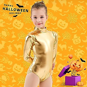 Javly Metallic Toddler Unitard, Sparkly Tumbling Gymnastics Dance Leotard, Mock Neck Long Sleeve Zipper Back Bodysuit for Baby Girls Kids Teens 2-10 Years