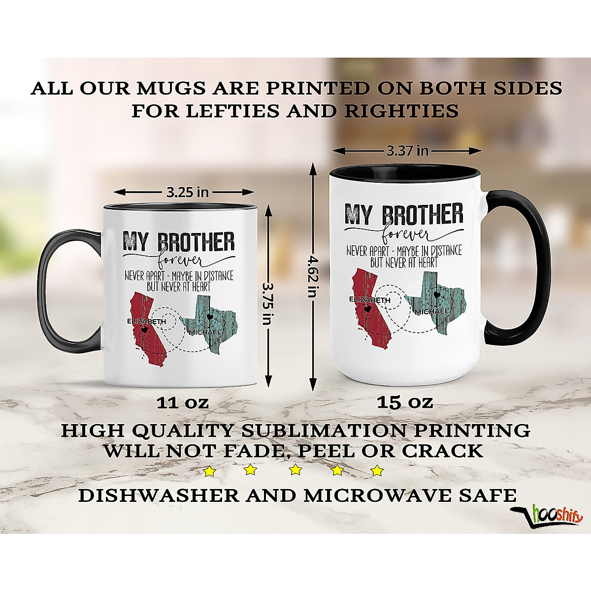 Personalized My Brother Forever Mug from Brother and Sister, Customizable Long Distance Coffee Mug Gifts for Brother, Custom All US States 11oz or 15oz Coffee Cup (15 oz., W/Black Inner & Handle)