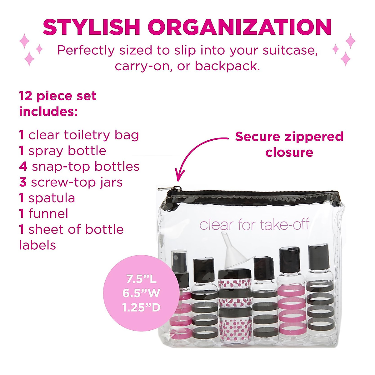 Miamica Women's Toiletry Kit, Black & Pink, 12-Piece