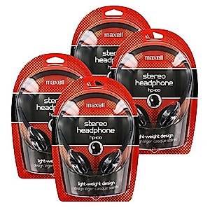 Maxell HP-100 Portable Stereo Headphones, Lightweight, Black, Pack of 4