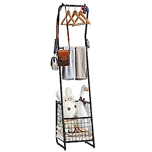 VECELO Metal Coat Rack Stand with Anti-Drop Design, Space Saving Hall Trees with Steel Basket,Small Garment Organizer with 2 Handy Cloth Rails and Slipper Space, Rectangle, Rustic Brown