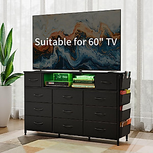 Fixwal Black Dresser for Bedroom with Power Outlets and LED Lights 11 Drawers Dresser with Side Pocket for Kids Bedroom, Fabric Chest of Drawers, for 60inch TV Long Dresser Storage Organizer