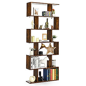 Tangkula 6 Tier S Shaped Bookshelf, 31.5''L x 9''W x 75''H, Wooden Bookcase and Bookshelves w/Anti-Toppling Device, Room Divider Display Shelves for Living Room, Home Decor, 6 Shelf Bookshelf