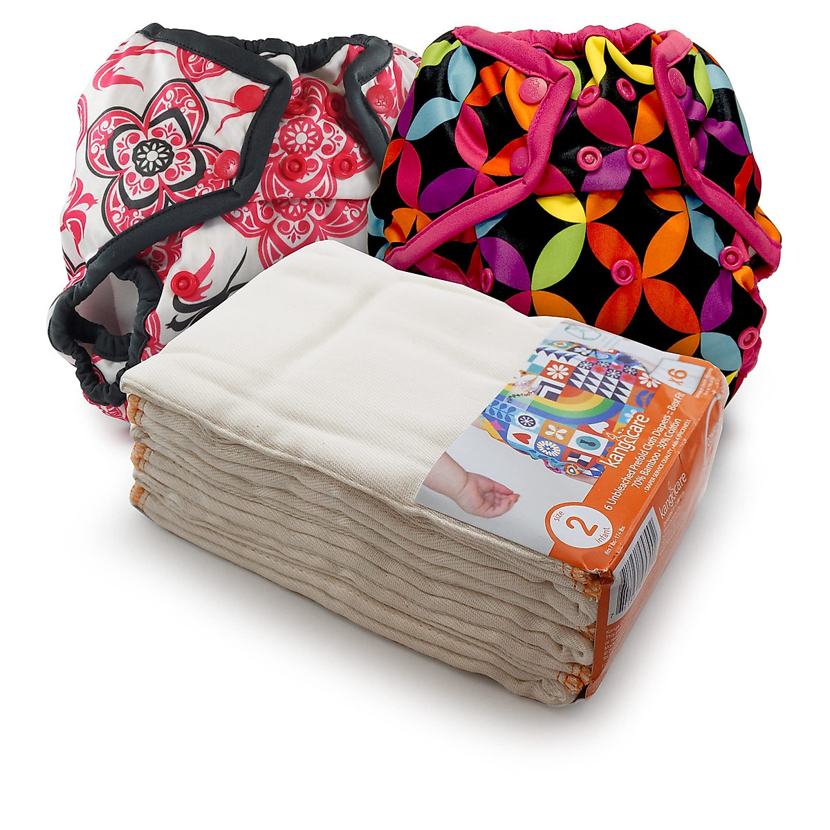 KANGA CARE Prefold Size 2 Cloth Diaper Set Reusable Unbleached Viscose of Rayon from Bamboo 6 Pack + 2 Waterproof Rumparooz One Size Diaper Cover Baby Girl
