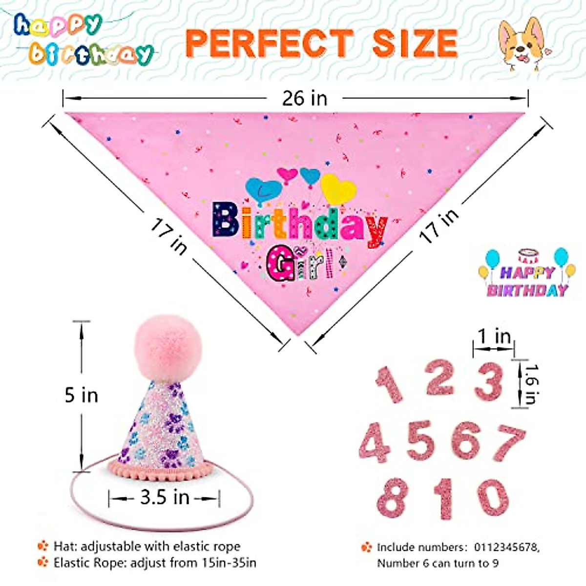PurrNbark Dog Birthday Bandana Hat with Number Patry Supplies Cute Doggy Bandana for Small Medium Boy Girl Blue Pink Pet Birthday Celebration Soft Triangle Scarf Colorful Words Pattern