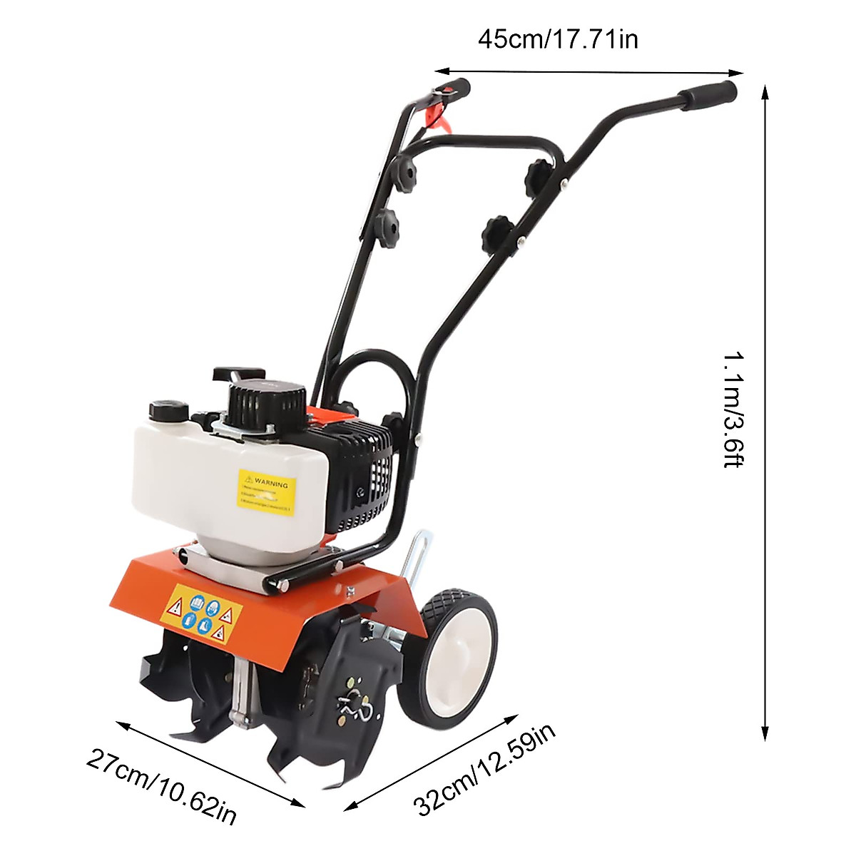Tiller Cultivator, 43cc 2-Cycle Viper Engine, 0-3.94” Adjustable Height, 3.94” Max Depth, Overhand Handlebars, Lightweight
