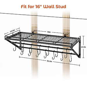 OROPY 31 Inch Wall Mounted Pot Rack Storage Shelf with 2 Tier Hanging Rails 14 S Hooks included, Ideal for Pans, Utensils, Cookware - Black