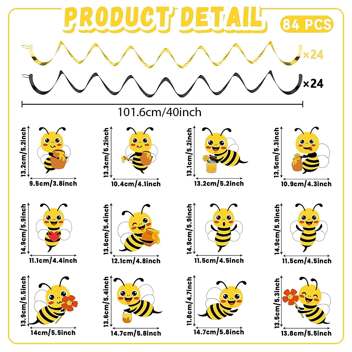 Qyeahkj 84 Pcs Bee Party Decorations Bumble Bee Baby Shower Birthday Party Decorations Hanging Swirl Foil Ceiling Streamers First Bee Themed Party Supplies for Kids Birthday Bee Day Classroom Decor