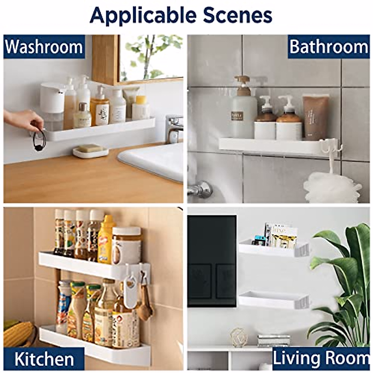 Shower Caddy Adhesive with 3 Hooks Bathroom Shelf Organizer Wall Mounted Storage Rack No Drilling Shower Shelf Bath Essentials Shampoo Spice Holder for Room Bathroom Kitchen (2 Pack)