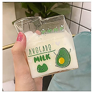 380ml Kawaii Milk Glass Cup Creative Square Clear Milk Carton Water Bottle Wholesale Cute Fruit Heat Resistant Breakfast Cups (Avocado, 300-400ml)