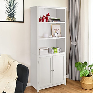 IFANNY Tall Bookshelf with Doors, 3 Shelf Bookcase with Storage Cabinet, Vertical Bookshelves and Bookcases, Modern Display Shelf, Wood Book Shelf for Bedroom, Living Room, Home Office (White)