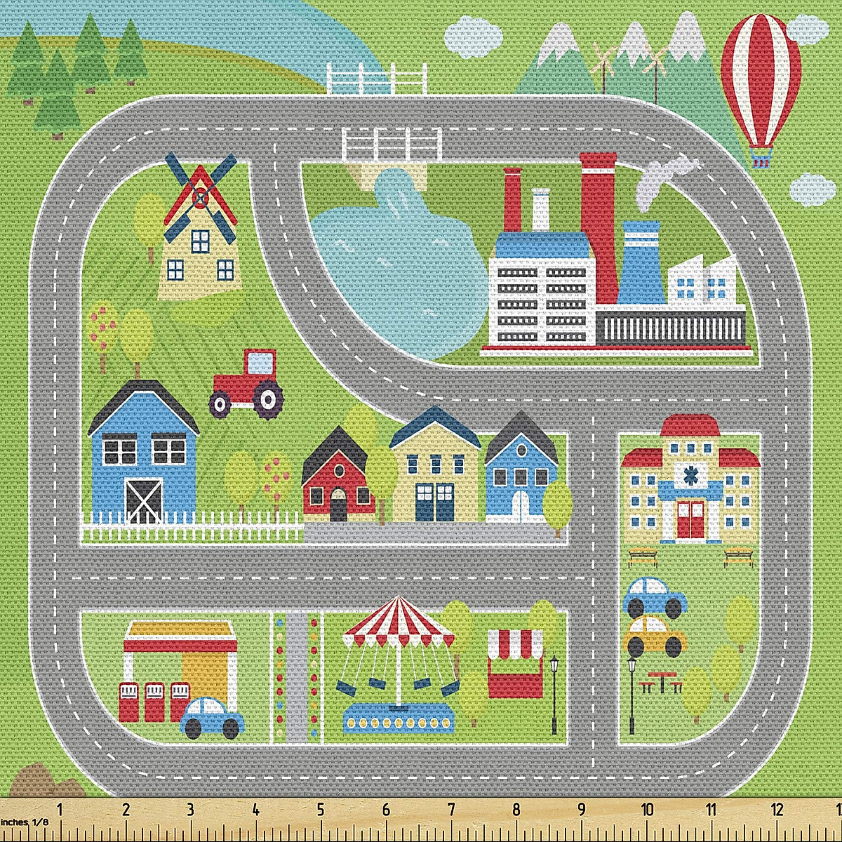 Ambesonne Car Race Track Fabric by The Yard, Roadway Activity Sunny City Landscape Illustration with Farm Factory, Decorative Fabric for Upholstery and Home Accents, Green Grey