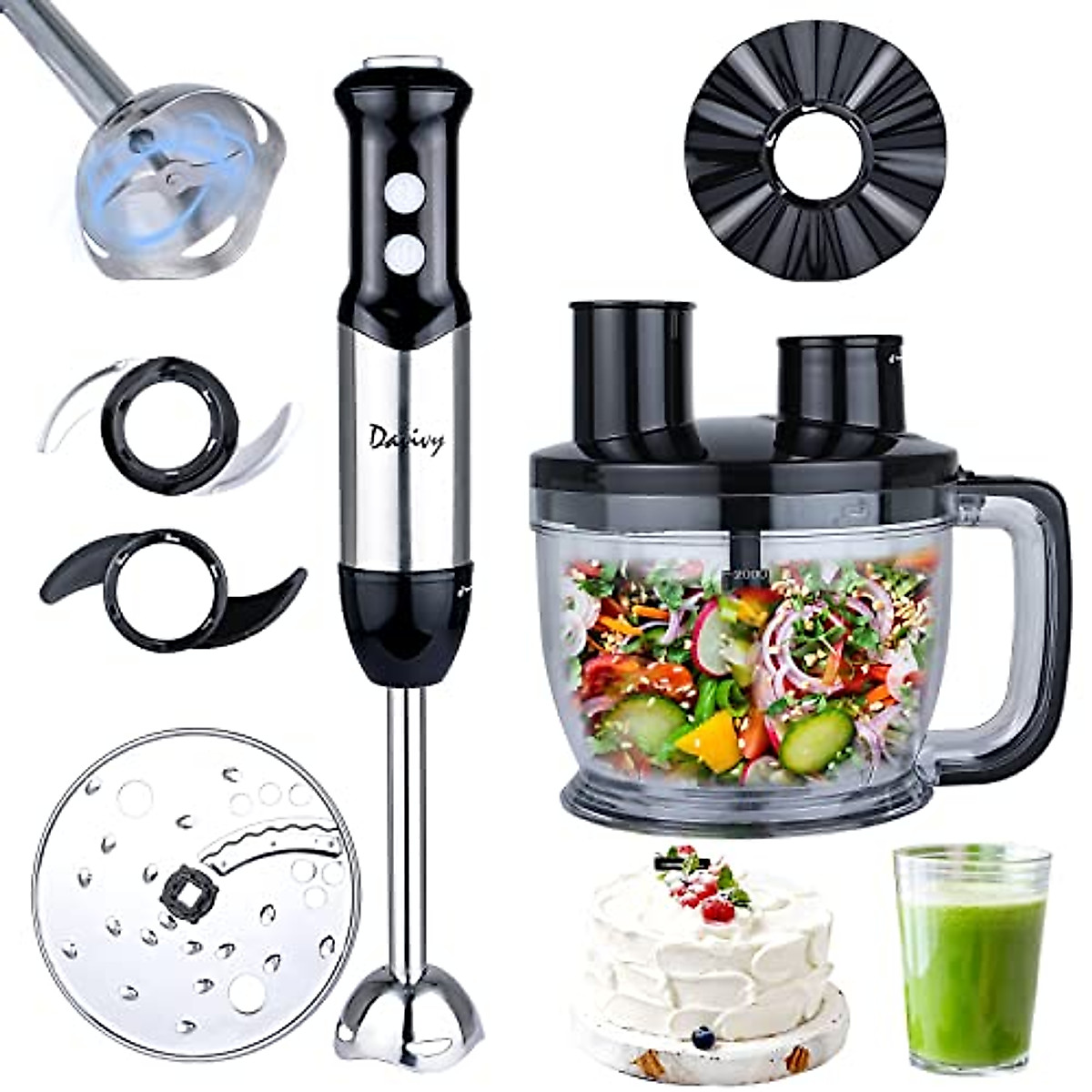 Davivy Immersion Blender Handheld, 6-in-1 Hand Blender Combo, 8 Cup Food Processors Stepless Control 304 Stainless Steel Stick Meat Chopping,Emulsifying,Mixing,Doughing,Slicing,Shreding for Homeuse,Black,500W (8-CUP Hand Blender Combo)