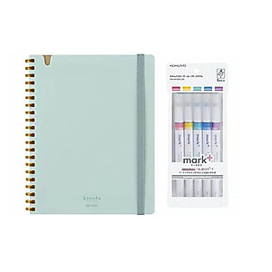Kokuyo. Soft Ring Notebook Sooofa A5 4mm Grid 80 Sheets Light Blue and Mark⁺ Two Way Color Marker 5-Pack(Pink,Blue,Green,Purple, and Yellow) Set