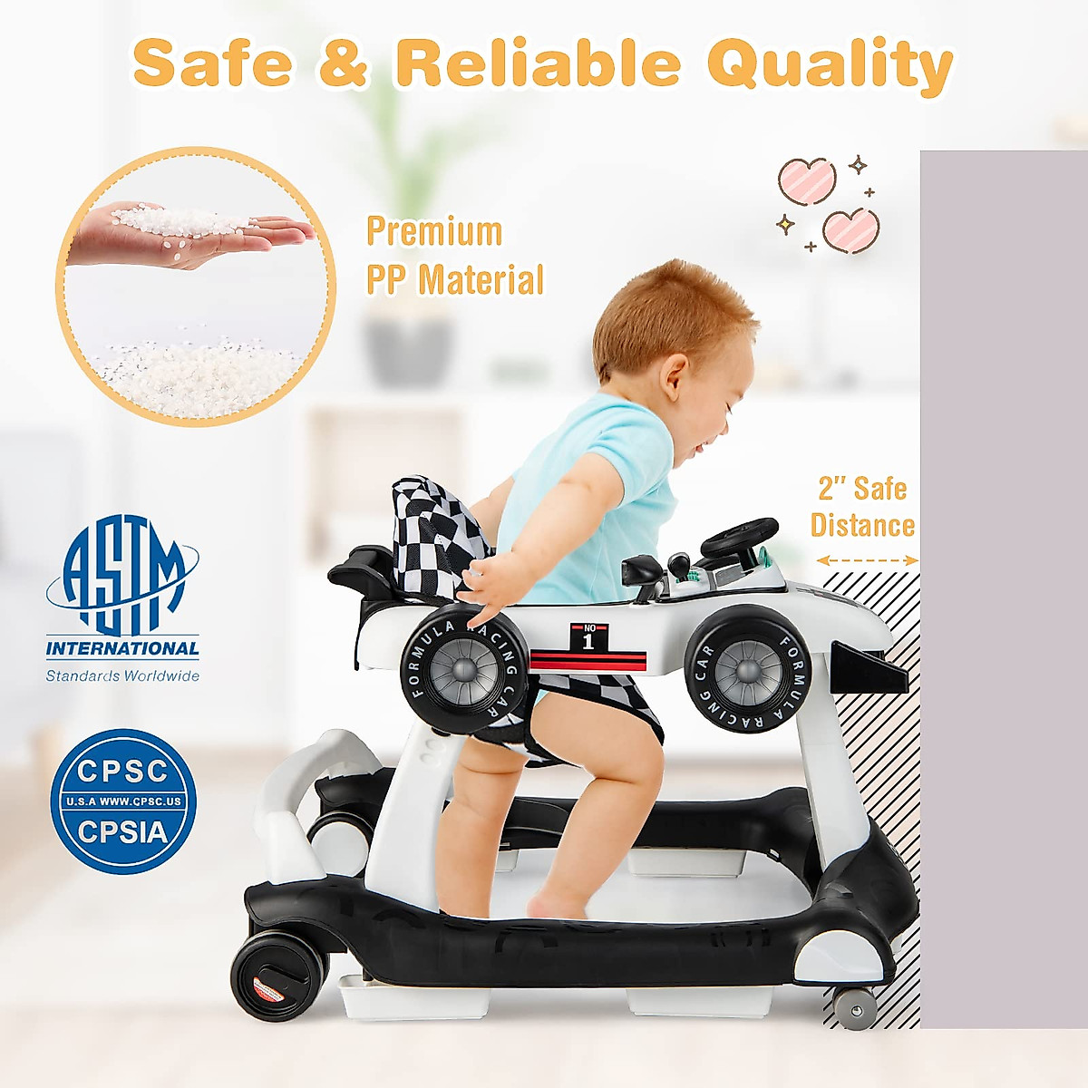 GLACER 4-in-1 Baby Walker, Folding Infant Walker with Adjustable Height & Speed, Music Box with Light, Steering Wheel, Soft Cushion, Toddler Toy Activity Center for Babies Aged 6-18 Months