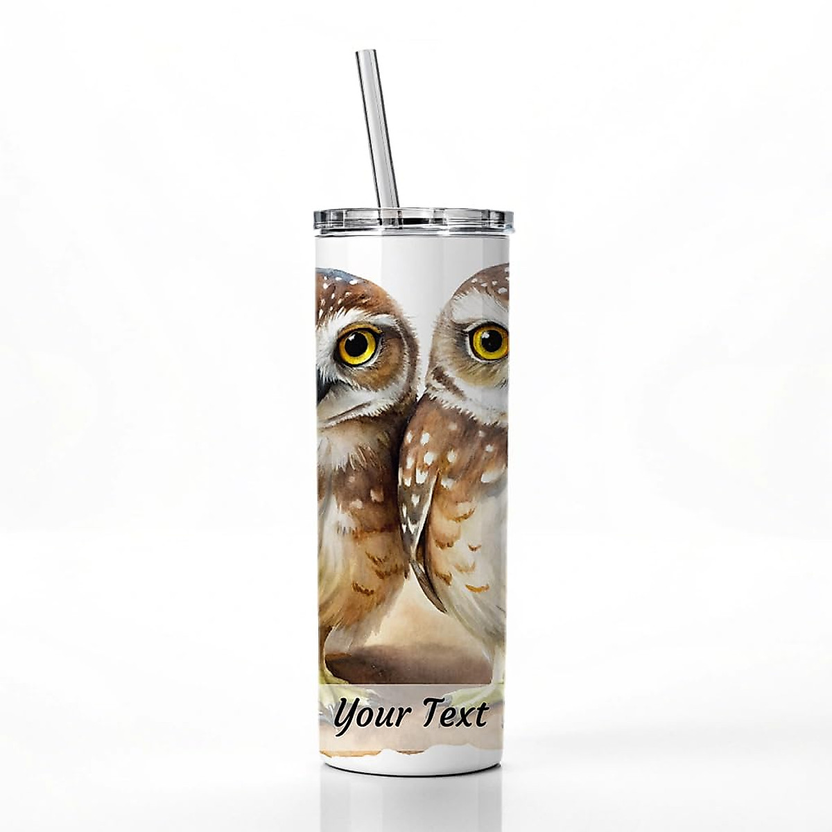 Personalized Custom Name Text Pair Of Burrowing Owls Bird Watercolor Skinny Tumbler 20oz with Straw Insulated Water Bottle Gift - 1 Line Horizontal