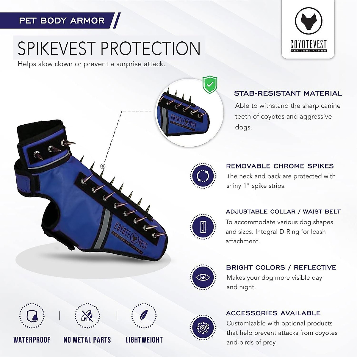 CoyoteVest SpikeVest Dog Harness Vest for Small Dogs, Reflective Dog Vest with Spikes to Shield Your pet from Coyotes, Raptor and Animal Attacks, Anti Hawk Vest, Made in USA(XS-Royal Blue)