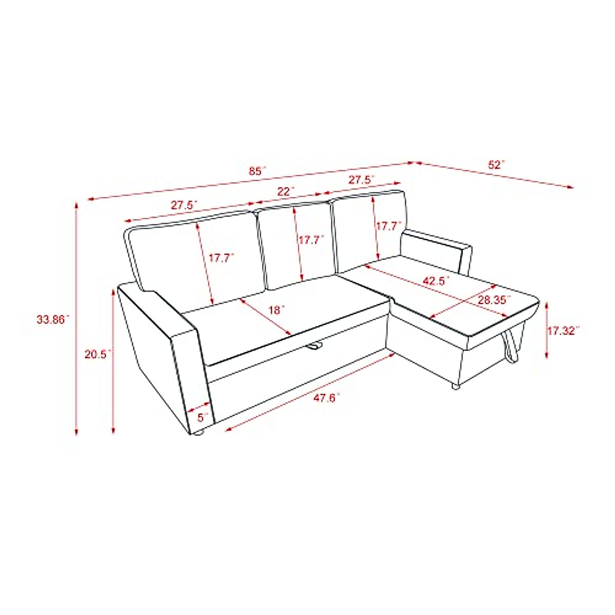 ATY Reversible Sectional Sleeper Sofa with Storage Chaise, L Shape Couch with Pull-Out Bed, Living Room Furniture, 85", Blue