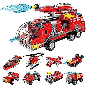 QLT QIAOLETONG City Fire Truck Building Kit for Kids 6-12 Years Old, Compatible with City Fire Truck 8-in-1 Building Block, Fire Helicopter Toys Building Sets.(313 PCS)