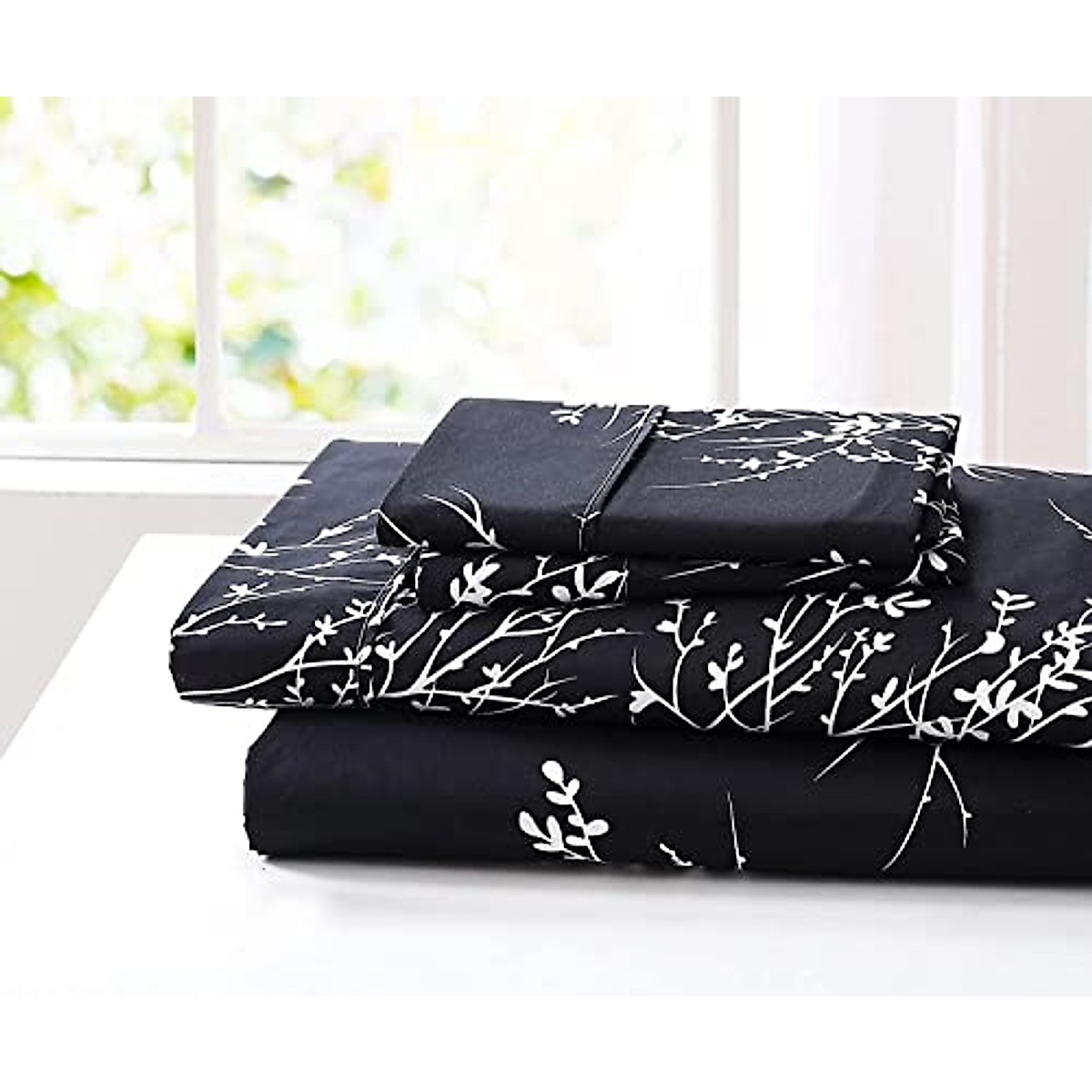 SL Spirit Linen Home EST. 1988 - Queen Sheet Set, Super Soft Microfiber Bedding, Elegant Foliage Design & Ideal for All Seasons (Queen, Black/White)