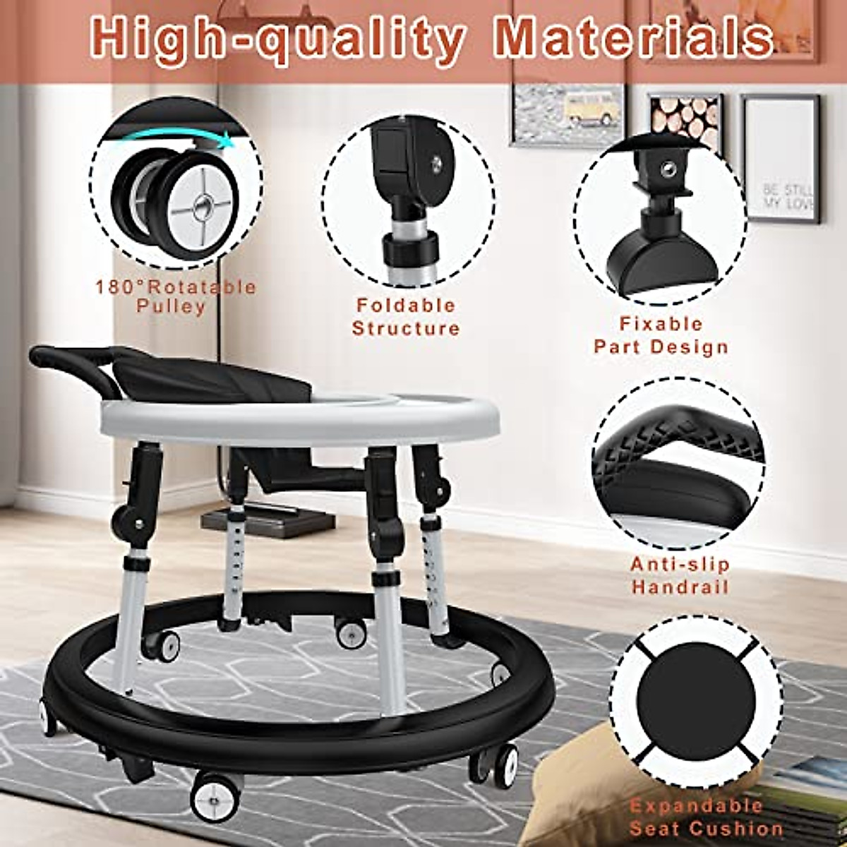 Baby Walker for Boys Girls, Foldable Baby Walker with Wheels, Adjustable Height Activity Mute Anti-Rollover Infant Walker for Toddler 6-18 Months