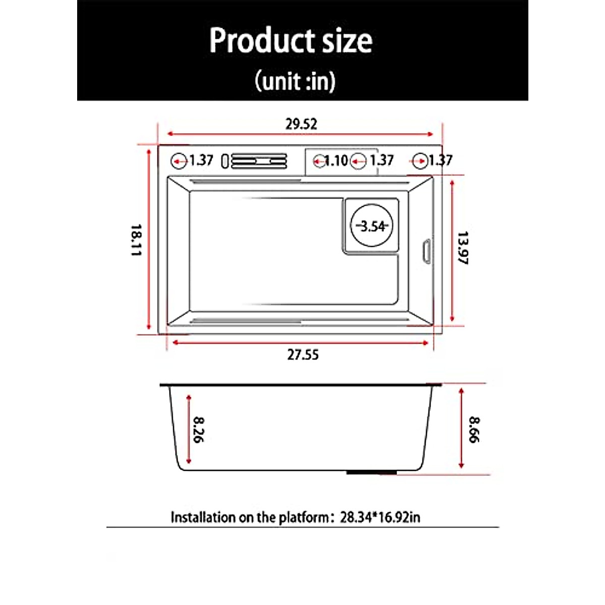 BLIOTE Stainless Steel Waterfall Kitchen Sink 30"x 18" with Knife Holder Large Single Slot Platform Upper and Lower Pot Washing Pot Set (Dark grey)