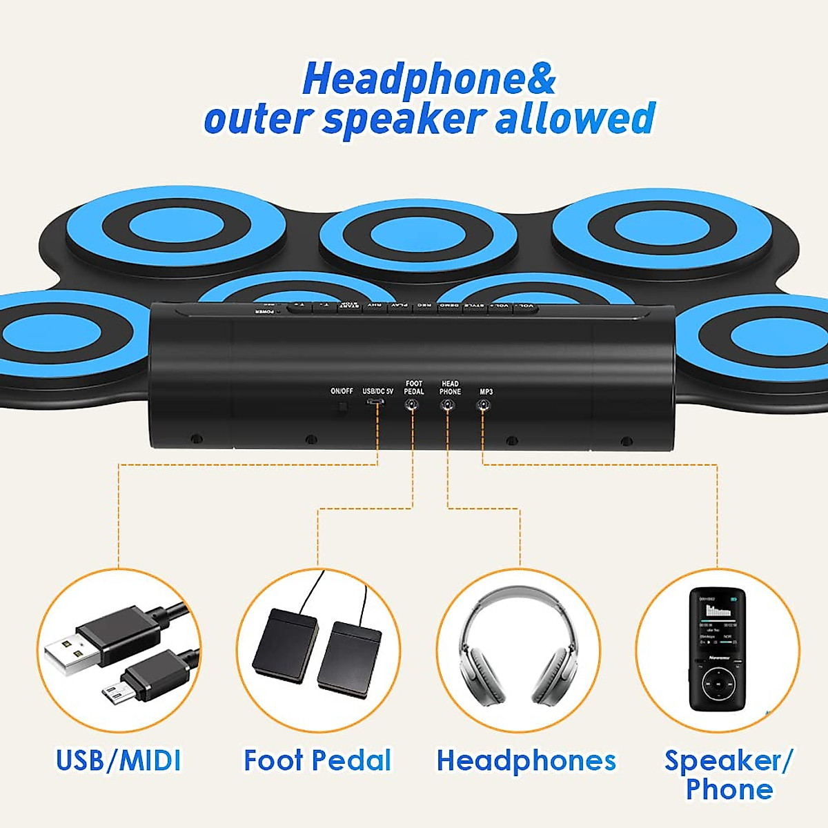 KONIX Electronic Drum Pad for Kids - 7 Pads Roll Up Electric Drum Kit Rechargeable - Digital Drum Sets with Headphone Jack, Speaker, Pedals, Demo Songs, MP3 USB Port, Sticks - Blue