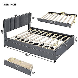 WADRI Queen Size Upholstered Platform Bed with 2 Drawers and 1 Twin XL Trundle, Linen Upholstered Platform Bed Frame with Wood Slats Support for Kids Teens Adult Bedroom (Gray + Linen 034)