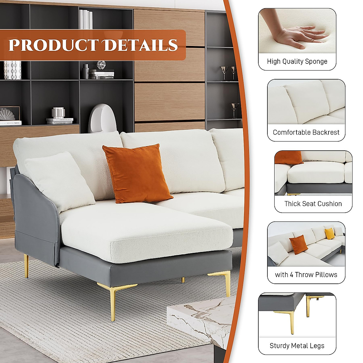 OUYESSIR U Shaped Sectional Sofa Couch, 4 Seat Sofa Set with Double Chaise, 108.5" U-Shaped Modern Fabric Sofa Sleeper with 4 Throw Pillows for Living Room, Grey