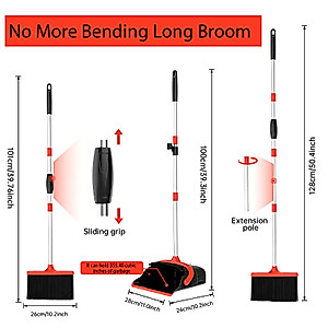 AISHUJIE Broom with Dustpan Combo Set - 52'' Long Handle Broom and Dustpan Set with Self-Cleaning Teeth & Standing Dust Pan and Broom for Home Office Kitchen Lobby Floor Use